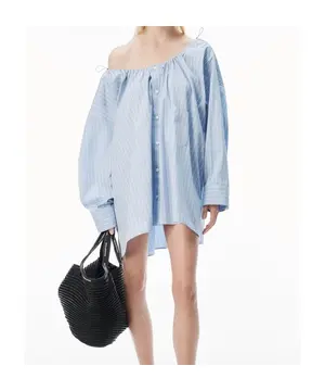 Alexander Wang Bungee Scoop Neck Mini Shirt Dress - Light Blue Stripe