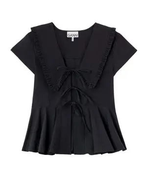 GANNI Ruffled Peplum Poplin Top - Black