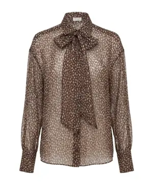 Brunello Cucinelli Dapple Silk Organza Shirt With Tie-neck - Brown