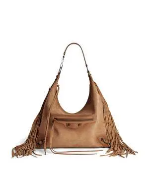 Balenciaga Suede Fringe Le City Shoulder Bag - Brown