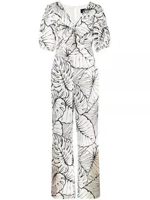 Marchesa White Linen-blend Leaf-print Jumpsuit - Neutrals