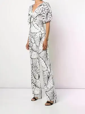 Marchesa White Linen-blend Leaf-print Jumpsuit