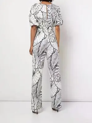 Marchesa White Linen-blend Leaf-print Jumpsuit