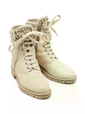 CHRISTIAN LOUBOUTIN Cream Leather Spike Embellished Lace-up Combat Boots