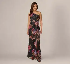 Adrianna Papell One Shoulder Knot Waist Floral Chiffon Gown - Black Multi