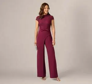 Adrianna Papell Cap Sleeve Lace Jumpsuit With Bow Detail And Wide Leg - Cabernet