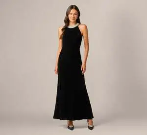 Adrianna Papell Velvet Halter Gown With Beaded Collar - Black