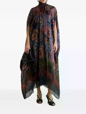 Etro Long Silk Dress With Cape And Degradé Paisley Motif - Blue