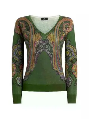 Etro Silk And Cashmere V-neck Sweater With Paisley Print - Green