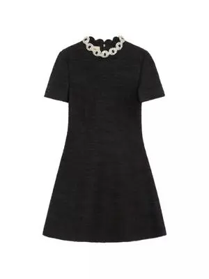 Valentino Garavani Embroidered Crinkle Cotton Tweed Short Dress - Black
