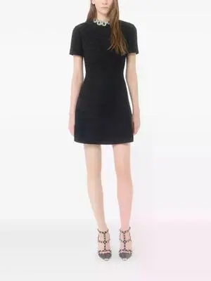 Valentino Garavani Embroidered Crinkle Cotton Tweed Short Dress - Black