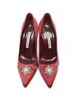 Manolo Blahnik Burgundy Satin Star Embellished Stiletto Pumps