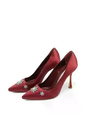 Manolo Blahnik Burgundy Satin Star Embellished Stiletto Pumps
