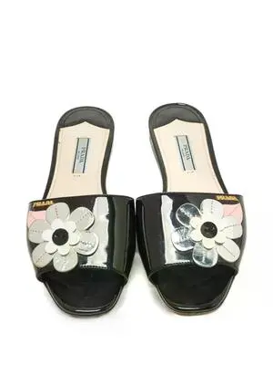 Prada Patent Leather Flower Motif Flat Sandals