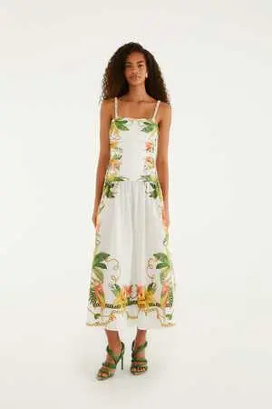 Farm Rio Tropical Royalty Off-white Midi Dress Sleeveless - Orange