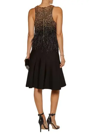 Badgley Mischka Feathertrimmed Embellished Tulle Top