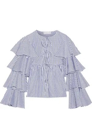 Caroline Constas Nina Ruffled Striped Cotton Oxford Jacket - Blue