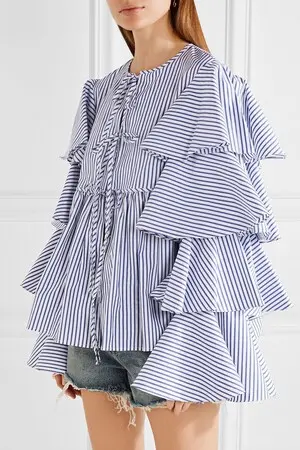 Caroline Constas Nina Ruffled Striped Cotton Oxford Jacket