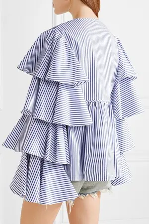 Caroline Constas Nina Ruffled Striped Cotton Oxford Jacket
