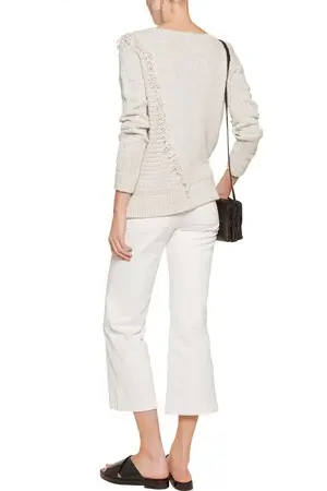 Line Fringed Openknit Cotton Sweater