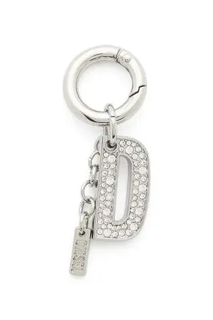 DIESEL® Crystal Embellished D Charm With Logo Tag Keyring - Silver