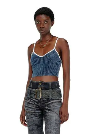 DIESEL® Indigo Bouclé Ribbed Knit Cropped Top With Spaghetti Straps