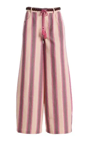 ILIO NEMA Wide Leg Striped Cotton Pants With Beaded Drawstring - Pink