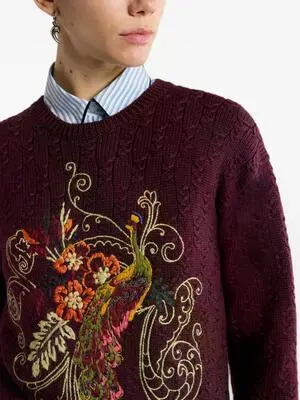 Etro Cropped Cable-knit Cashmere-blend Sweater With Peacock Embroidery