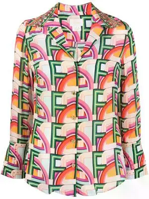 Camilla Silk Graphic Print Embellished Pajama Shirt - Multicolour