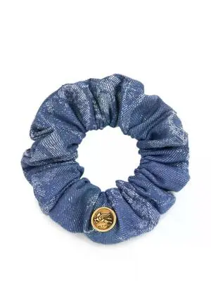 Etro Cotton And Linen Jacquard Denim Scrunchie With Leafy Motif - Blue