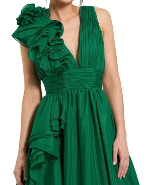 Mac Duggal Petite Ruffle Shoulder V-neck Chiffon Gown
