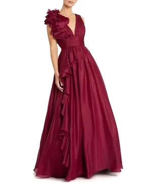 Mac Duggal Petite Ruffle Shoulder V-neck Gown - Wine