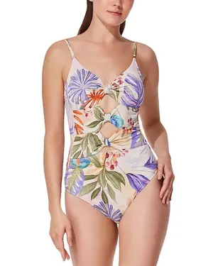 GOTTEX Cherry Blossom V Neck Thin Strap One Piece Swimsuit - Multi