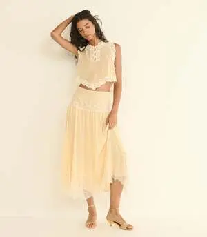 DÔEN Giorgine Silk Georgette Lace Tiered Midi Skirt - Shell