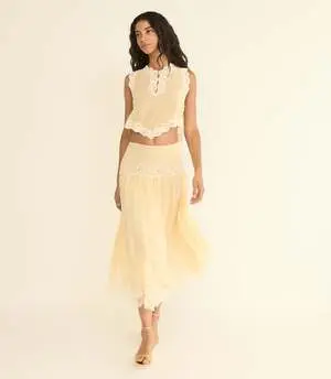 DÔEN Giorgine Silk Georgette Lace Tiered Midi Skirt