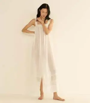 DÔEN Elarie Dress In Organic Cotton Voile With Embroidery And Lace - Salt