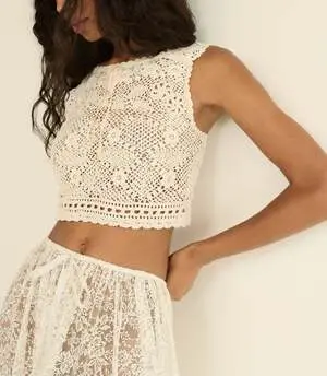 DÔEN Theresa Hand-crocheted Heirloom Top With Square Neckline And Open Back - Pearl