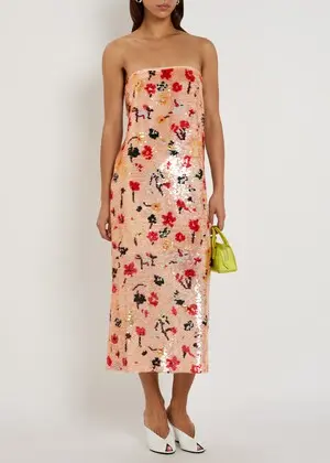 Tory Burch Strapless Sequin Floral Midi Dress