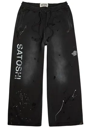 SATOSHI NAKAMOTO Luke Printed Distressed Wide-leg Cotton Sweatpants - Black