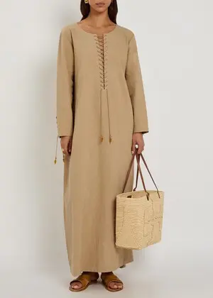 Tory Burch Lace-up Linen-blend Maxi Tunic Dress - Sand