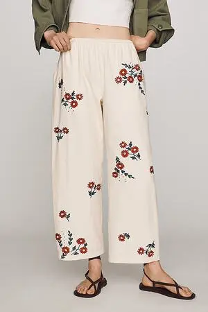 The Great. Embroidered Cotton Wide Leg Pants - White