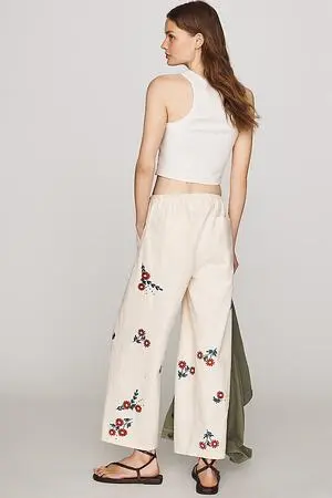 The Great. Embroidered Cotton Wide Leg Pants - White