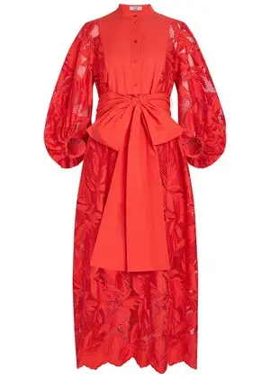Erdem Floral Cutwork Poplin Midi Shirt Dress - Orange