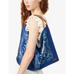 Farm Rio Printed Satin Scarf Bag With Wooden Handle - Blue