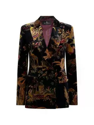 Etro Double-breasted Velvet Jacket With All-over Overprint - Black