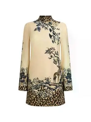Etro Envers Satin Mini Dress With Front Print And Leopard Motif - Neutrals