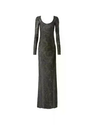 Etro Chenille Jacquard Paisley Foliage Long Dress - Green