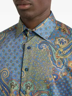 Etro Shirt In Cotton Satin With Paisley And Tie Motif - Blue