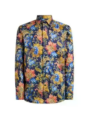 Etro Cotton Satin Shirt With Floral Motif - Blue