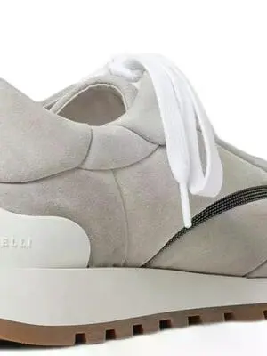 Brunello Cucinelli Suede-finish Sneakers With Monile Chain - Grey